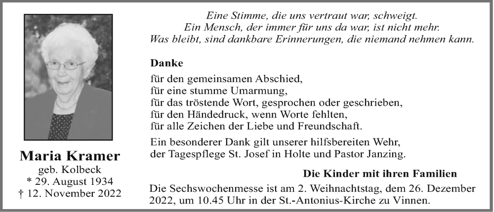 Traueranzeigen von Maria Kramer | om-trauer.de