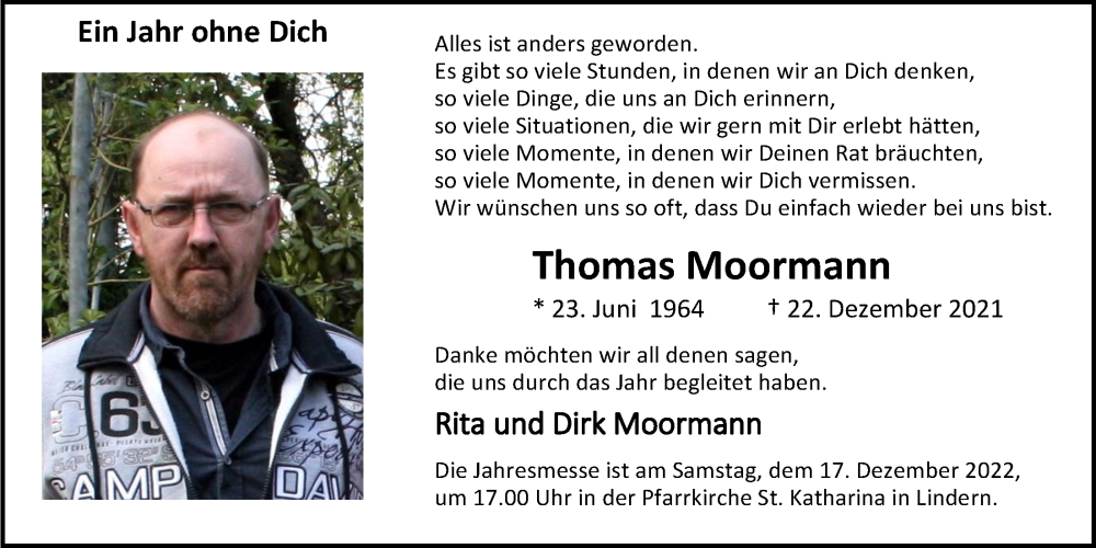 Traueranzeigen von Thomas Moormann | om-trauer.de