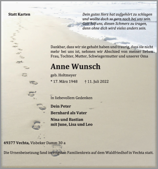 Traueranzeigen von Anne Wunsch | om-trauer.de