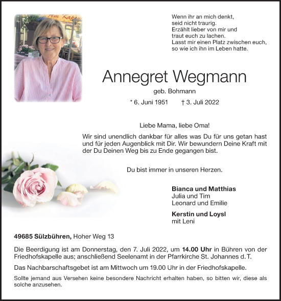 Traueranzeigen von Annegret Wegmann | om-trauer.de