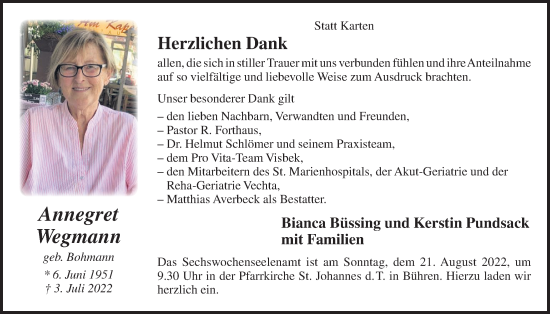 Traueranzeigen von Annegret Wegmann | om-trauer.de