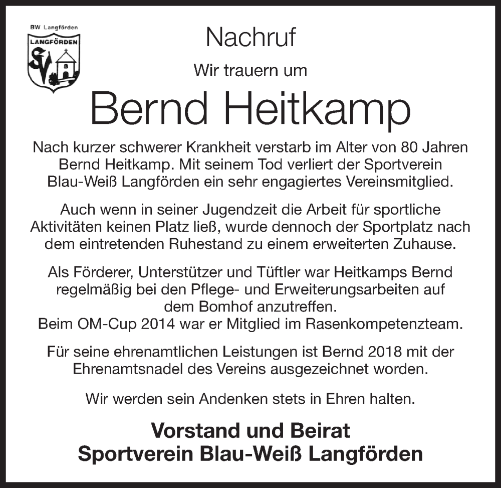 Traueranzeigen von Bernd Heitkamp | om-trauer.de