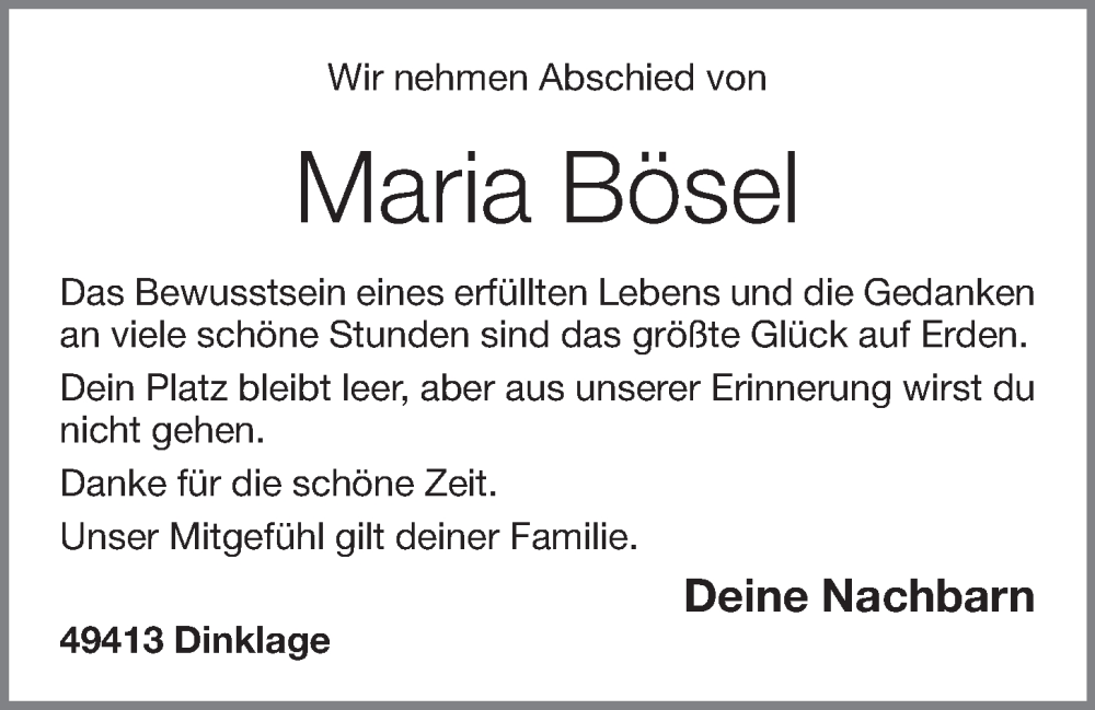 Traueranzeigen von Maria Bösel | om-trauer.de