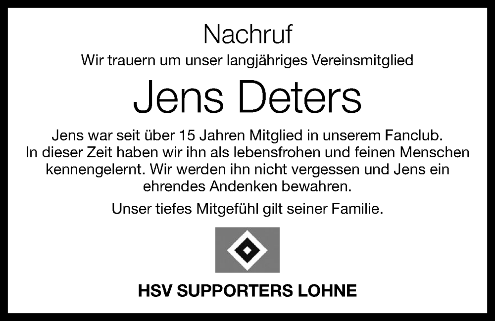 Traueranzeigen von Jens Deters | om-trauer.de