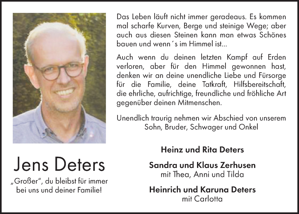Traueranzeigen von Jens Deters | om-trauer.de