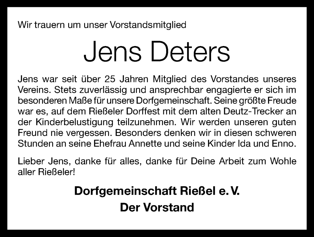 Traueranzeigen von Jens Deters | om-trauer.de
