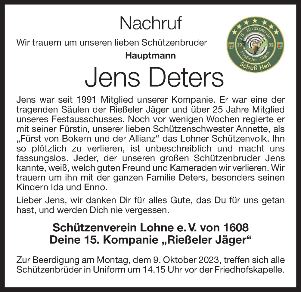 Traueranzeigen von Jens Deters | om-trauer.de