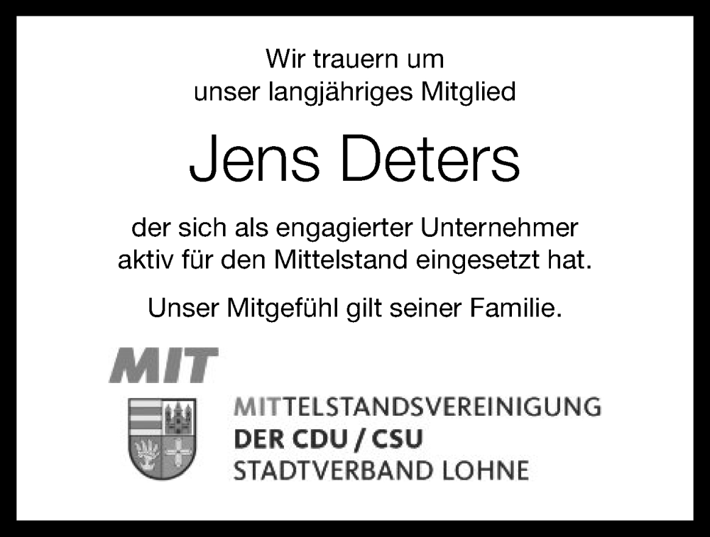 Traueranzeigen von Jens Deters | om-trauer.de