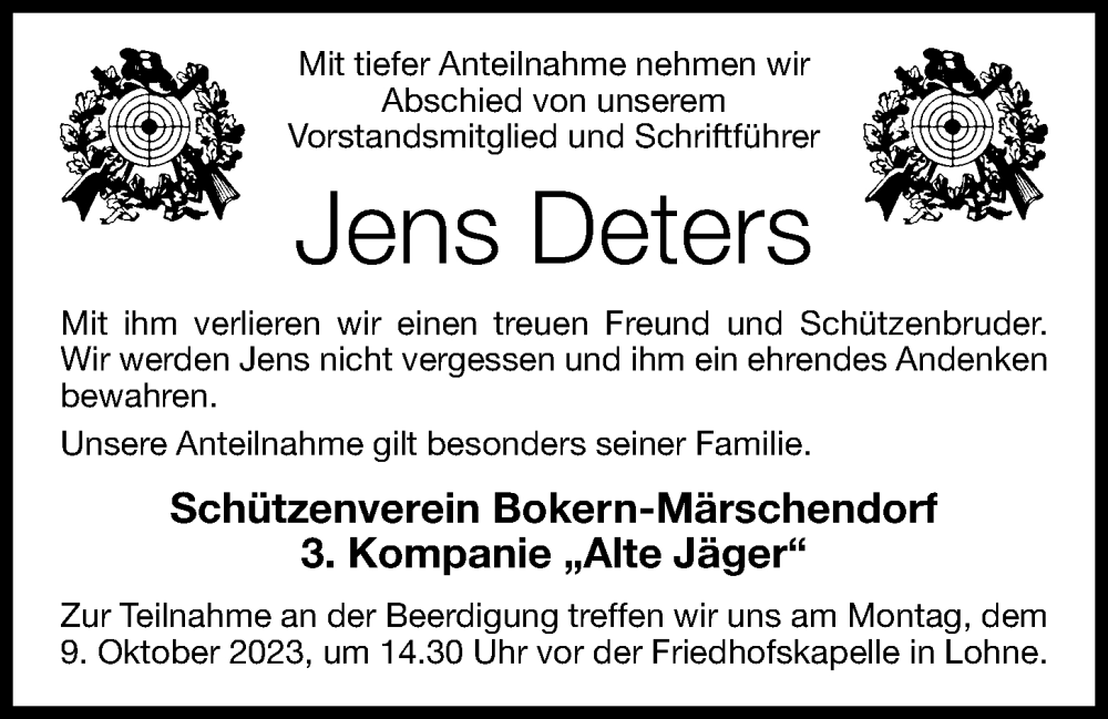 Traueranzeigen von Jens Deters | om-trauer.de