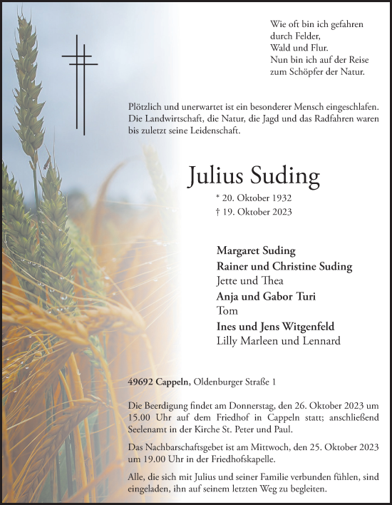 Traueranzeigen von Julius Suding | om-trauer.de