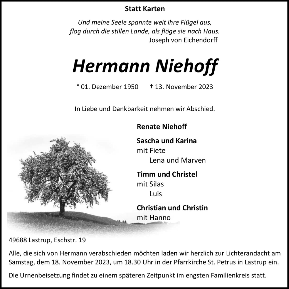 Traueranzeigen von Hermann Niehoff | om-trauer.de