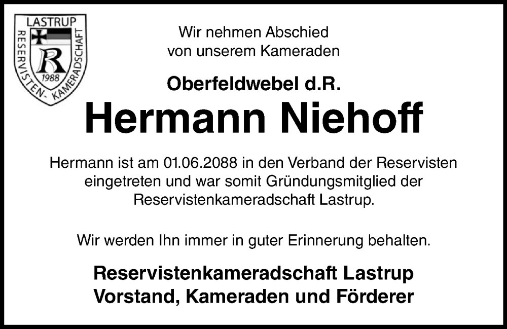 Traueranzeigen von Hermann Niehoff | om-trauer.de