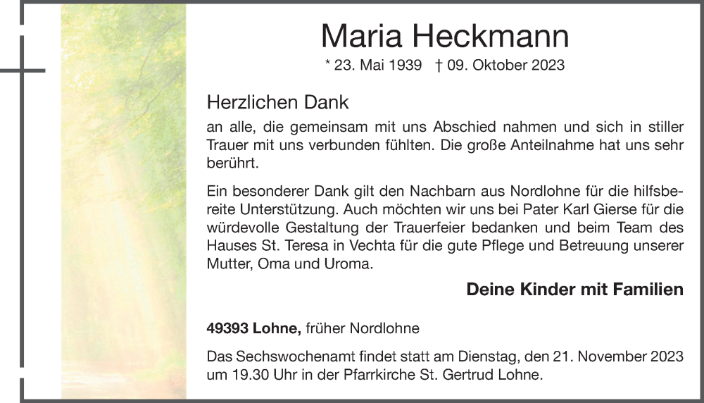Traueranzeigen von Maria Heckmann | om-trauer.de