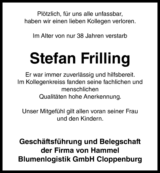Traueranzeigen von Stefan Frilling | om-trauer.de