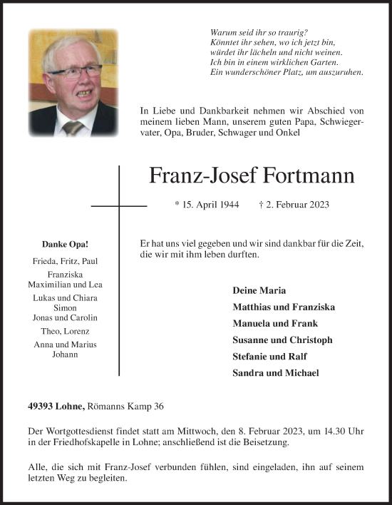 Traueranzeigen von Franz-Josef Fortmann | om-trauer.de