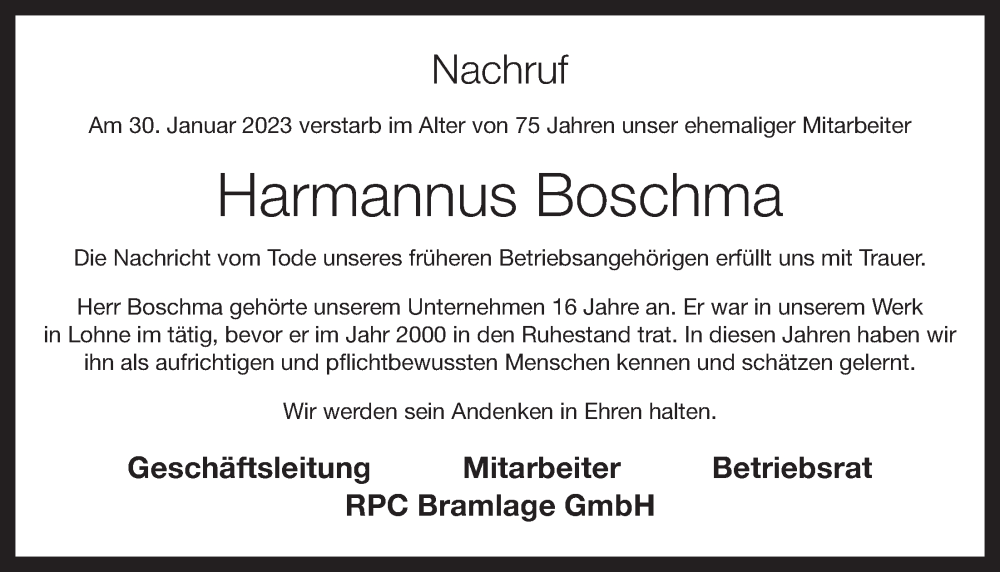 Traueranzeigen von Harmannus Boschma | om-trauer.de