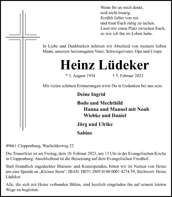 Traueranzeigen von Heinz Lüdeker | om-trauer.de