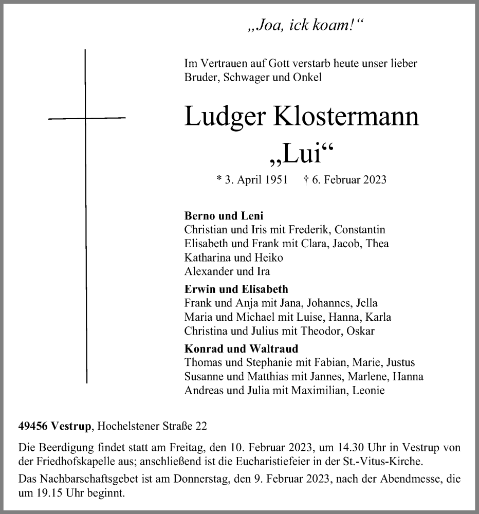Traueranzeigen von Ludger Klostermann | om-trauer.de