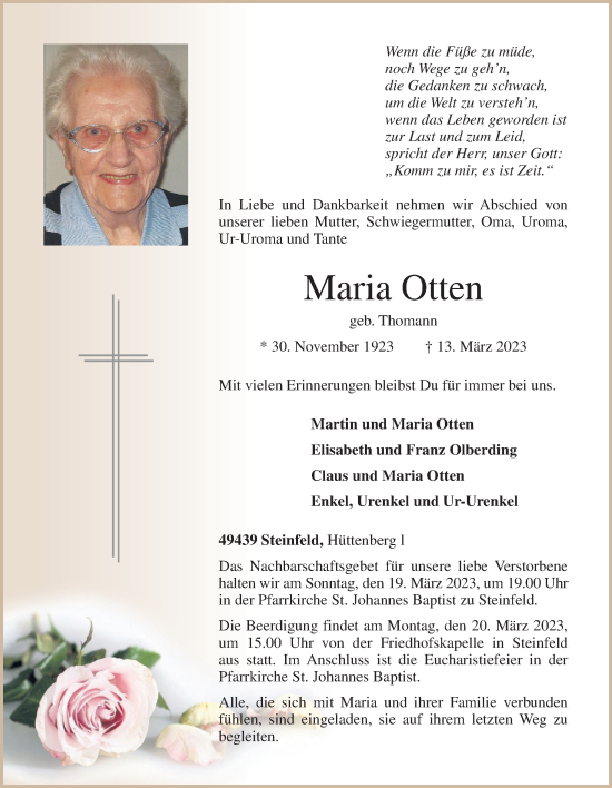 Traueranzeigen von Maria Otten | om-trauer.de
