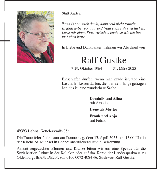 Traueranzeigen von Ralf Gustke | om-trauer.de