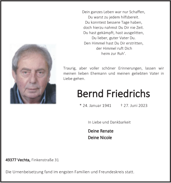 Traueranzeigen von Bernd Friedrichs | om-trauer.de