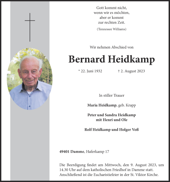 Traueranzeigen von Bernard Heidkamp | om-trauer.de