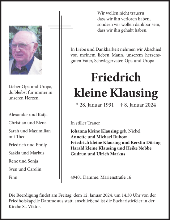 Traueranzeigen von Friedrich kleine Klausing | om-trauer.de