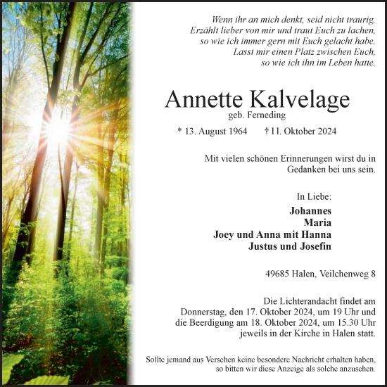 Traueranzeigen von Annette Kalvelage | om-trauer.de