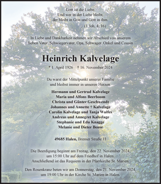 Traueranzeigen von Heinrich Kalvelage | om-trauer.de