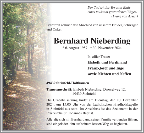 Traueranzeigen von Bernhard Nieberding | om-trauer.de