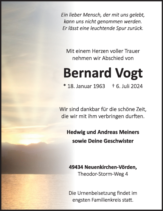Traueranzeigen von Bernard Vogt | om-trauer.de