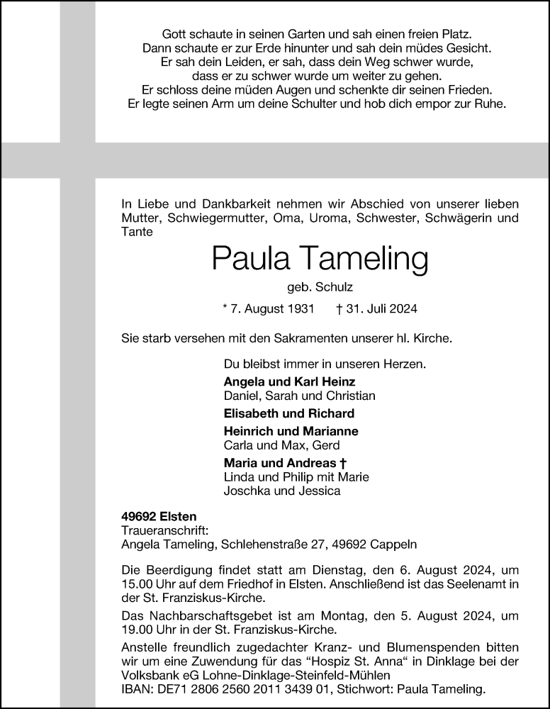 Traueranzeigen von Paula Tameling | om-trauer.de