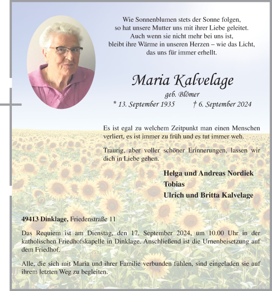 Traueranzeigen von Maria Kalvelage | om-trauer.de