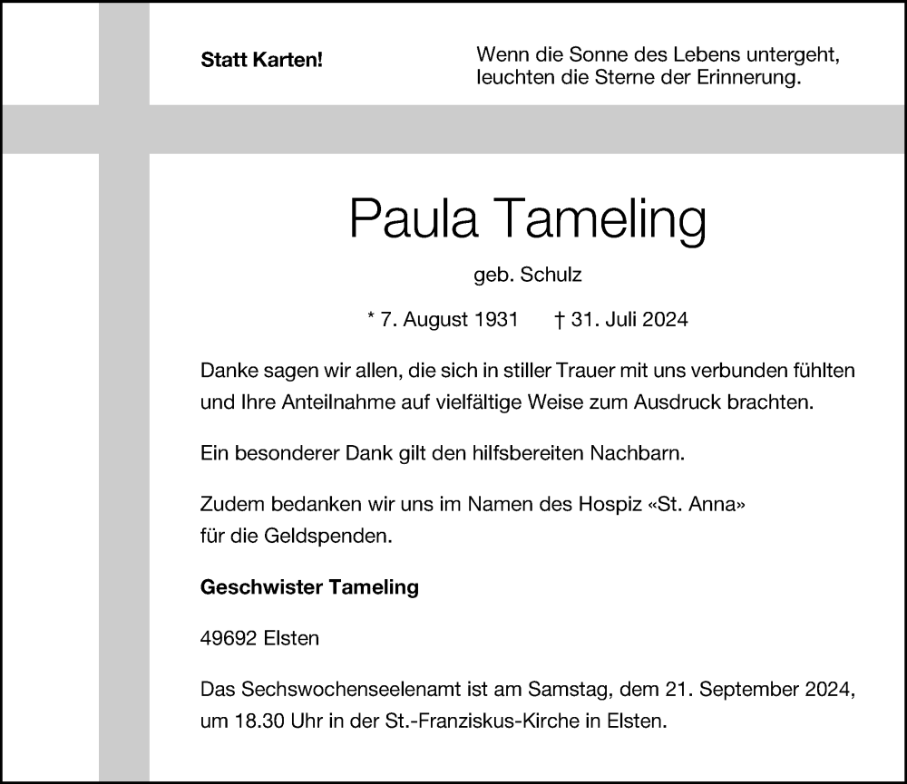 Traueranzeigen von Paula Tameling | om-trauer.de