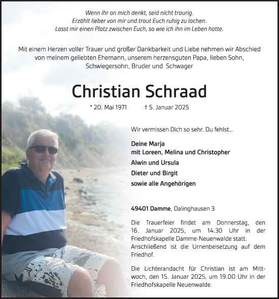 Traueranzeigen von Christian Schraad | om-trauer.de