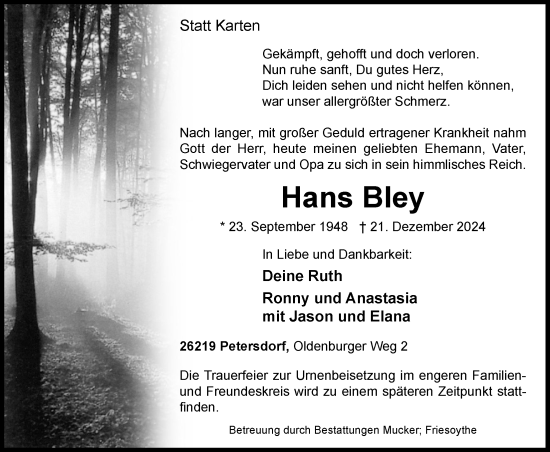 Traueranzeigen von Hans Bley | om-trauer.de