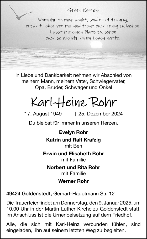 Traueranzeigen von Karl-Heinz Rohr | om-trauer.de