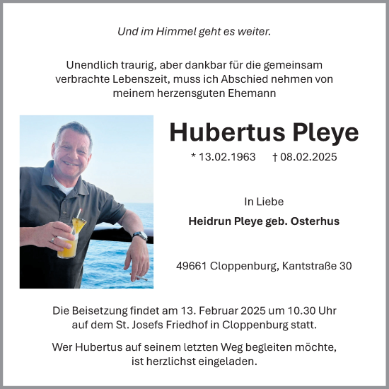 Traueranzeigen von Hubertus Pleye | om-trauer.de