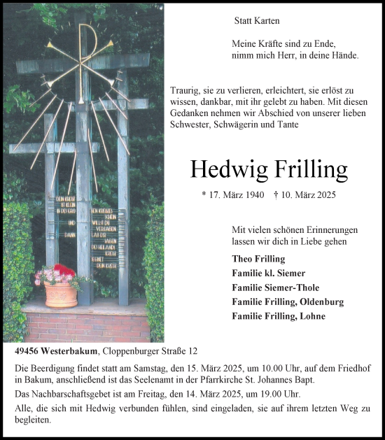 Traueranzeigen von Hedwig Frilling | om-trauer.de