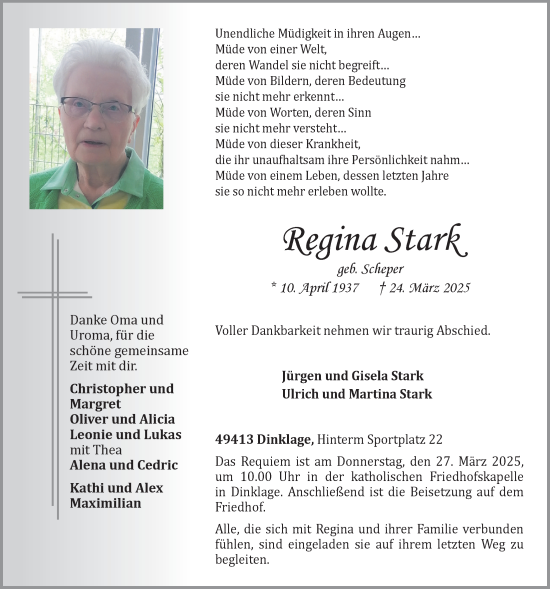 Traueranzeigen von Regina Stark | om-trauer.de