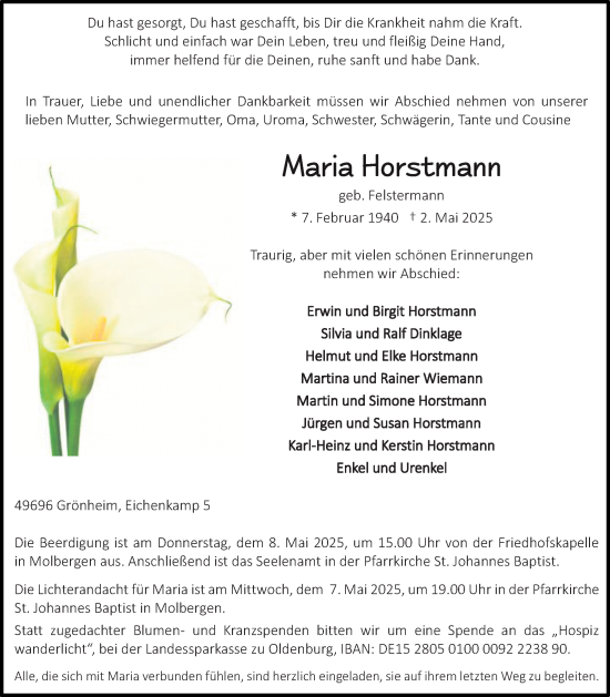 Traueranzeigen von Maria Horstmann | om-trauer.de